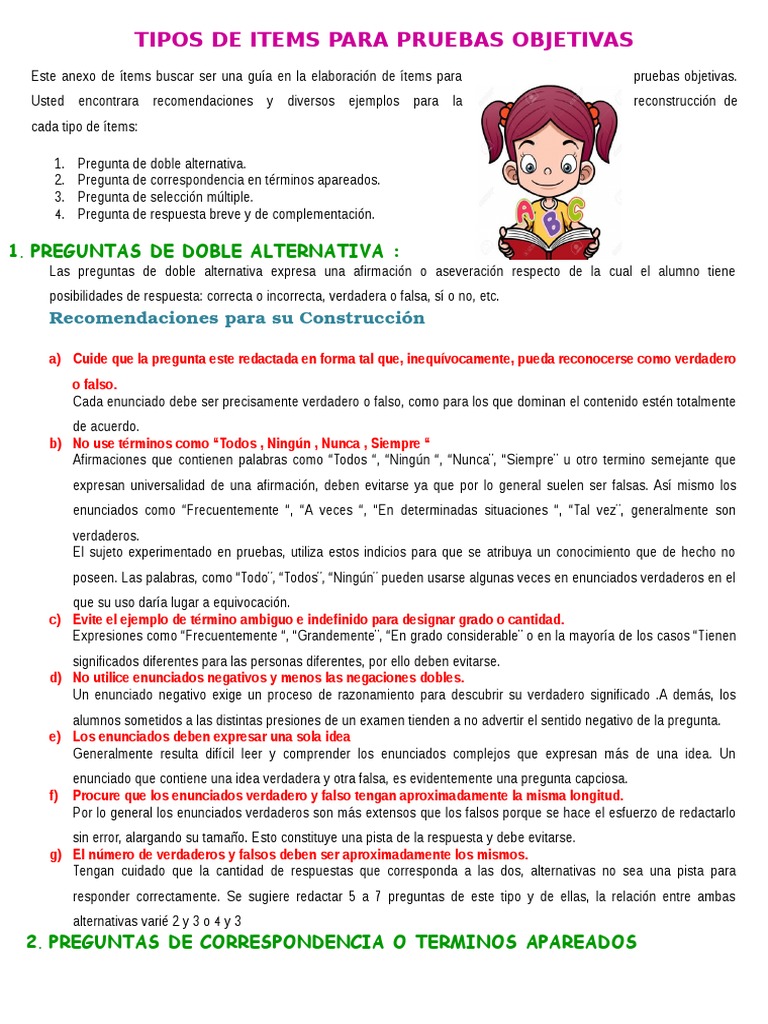 Tipos de Items para Pruebas Objetivas | PDF | Verdad | Ciencia cognitiva