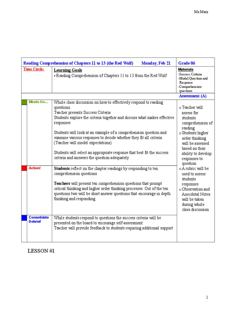 Reading Comprehension Lesson On Red Wolf ch11 To 13 | PDF | Reading Comprehension | Cognition