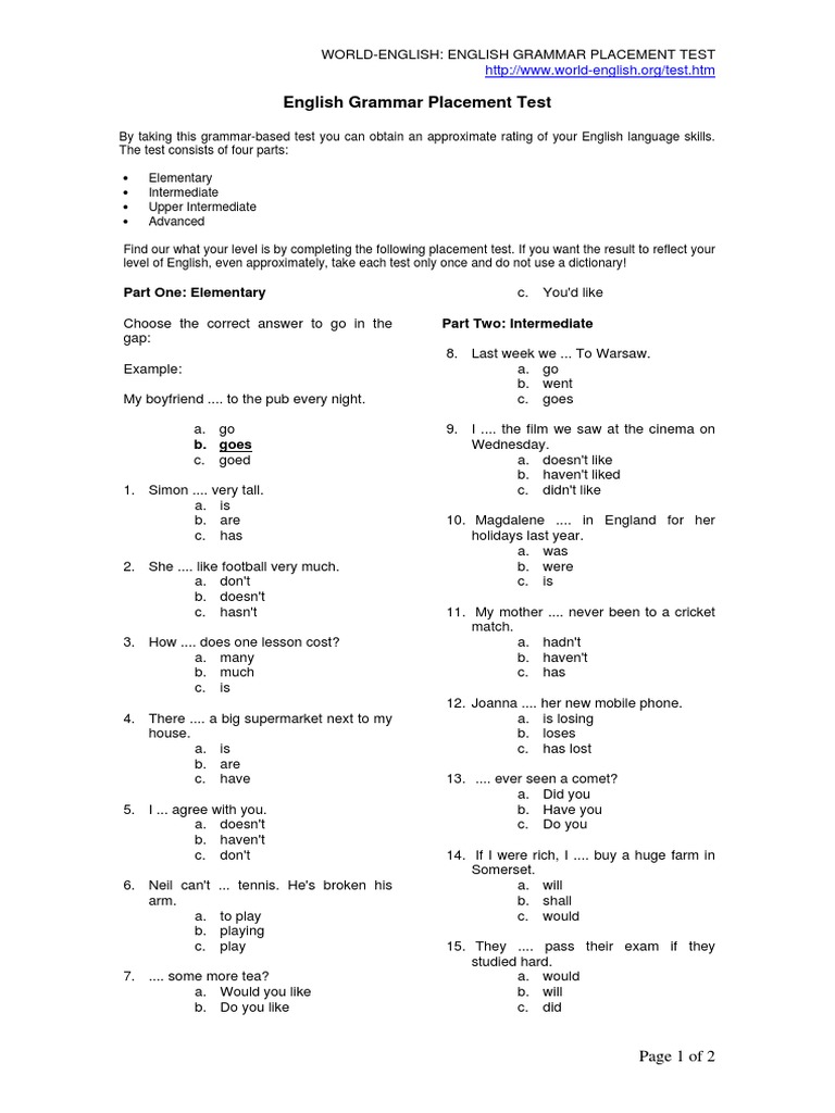 English Grammar Placement Test | PDF
