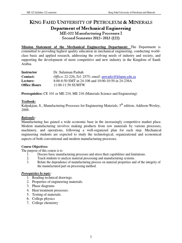 Syllabus ME322 | PDF | Test (Assessment) | Saudi Arabia
