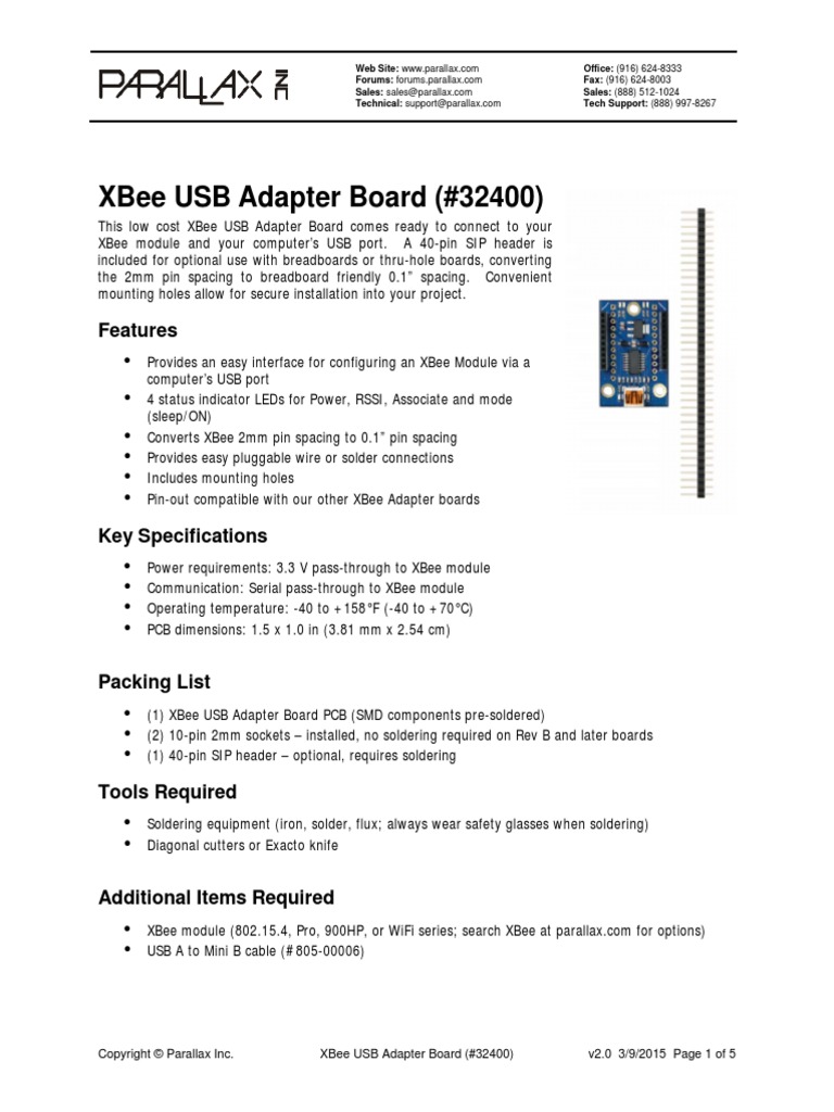Xbee Usb Adapter Board (#32400) : Features | PDF