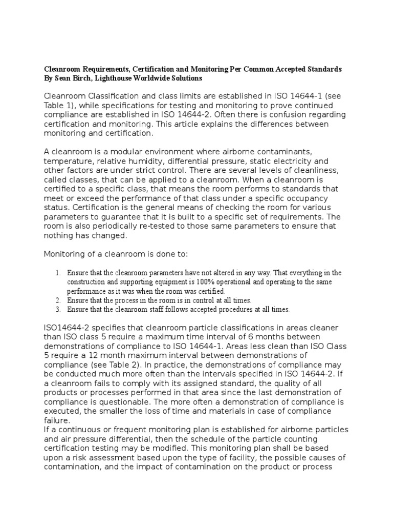 Cleanroom Requirements, Certification and Monitoring Per Common ...