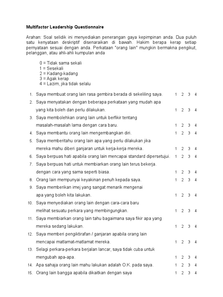 Transformational Leadership - MLQ Questionnaire | PDF