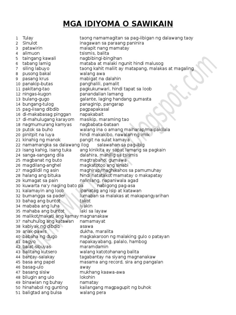 85 na mga Halimbawa Ng Mga Idiyoma o Sawikain