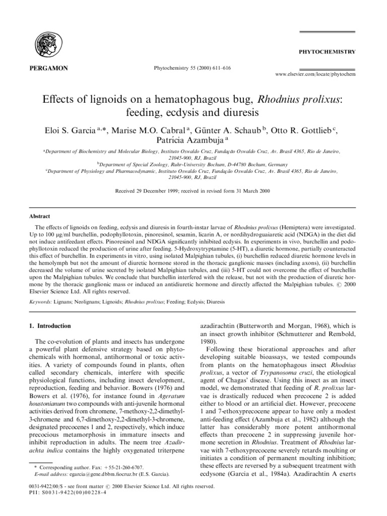 E Ects of Lignoids On A Hematophagous Bug, Rhodnius Prolixus: Feeding ...