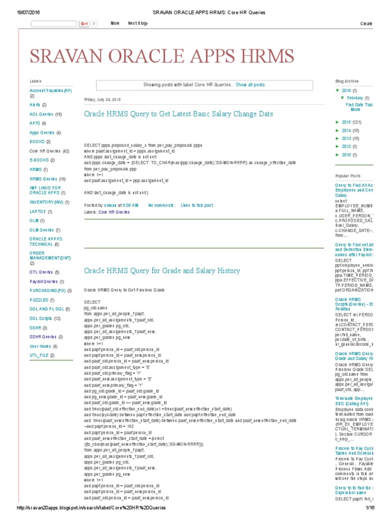 Sravan Oracle Apps Hrms - Core HR Queries | PDF | Human Resource Management | Sql