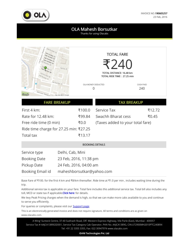 Ola Cabs Invoice Summary | PDF