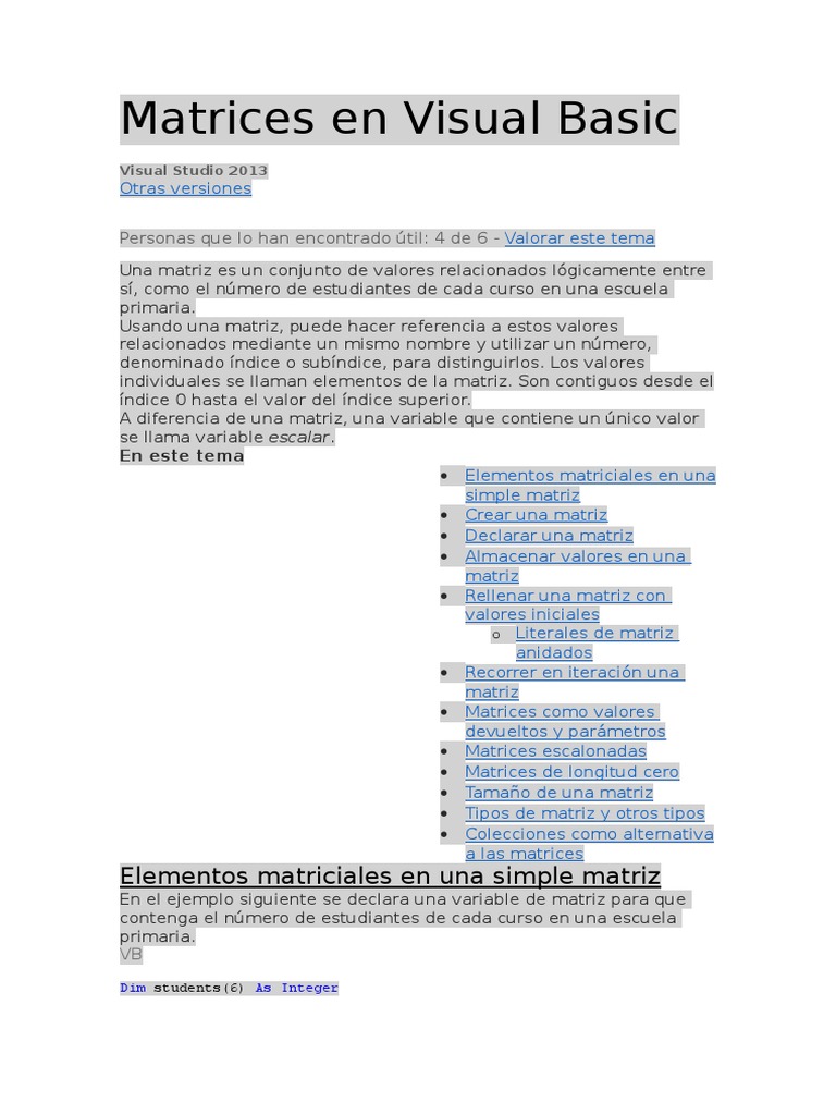 Matrices en Visual Basic | PDF | Estructura de datos de matriz | Básico