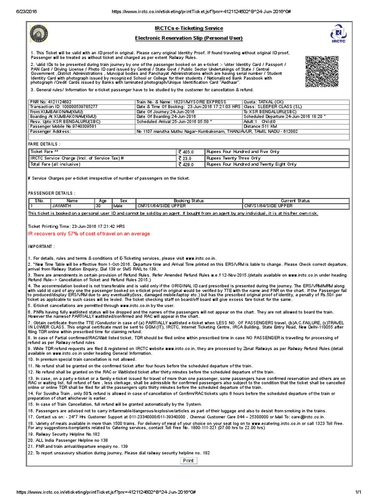 Format IRCTC Ticket | PDF