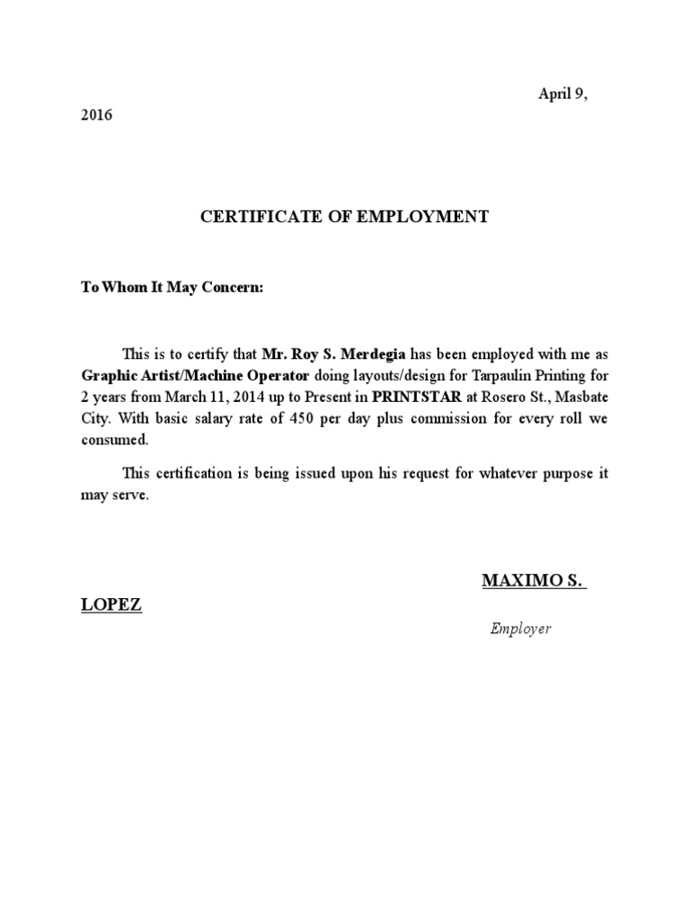 Certificate of Employment: To Whom It May Concern | PDF