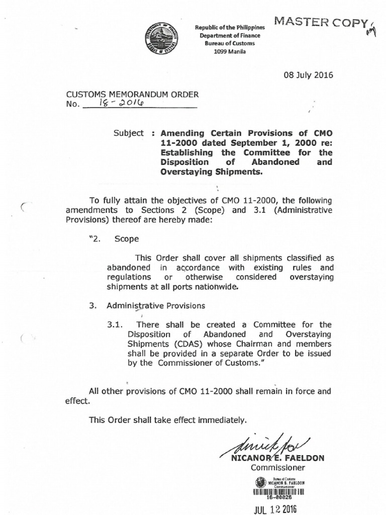 Customs Memorandum Order 18-2016
