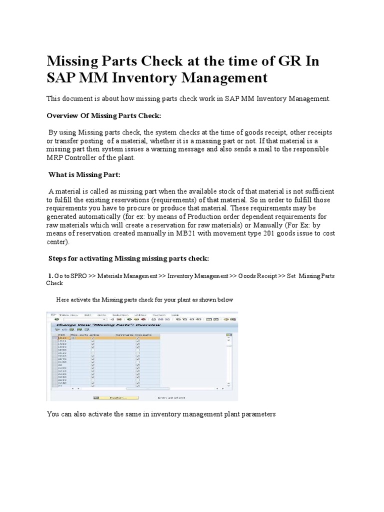 Missing Parts Check in SAP MM | PDF | Inventory | Information ...