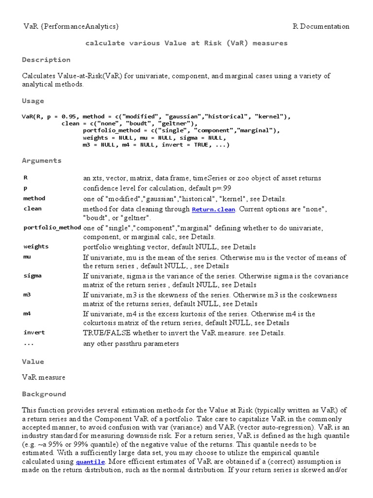 R - Calculate Various Value at Risk (VaR) Measures | PDF | Value At ...