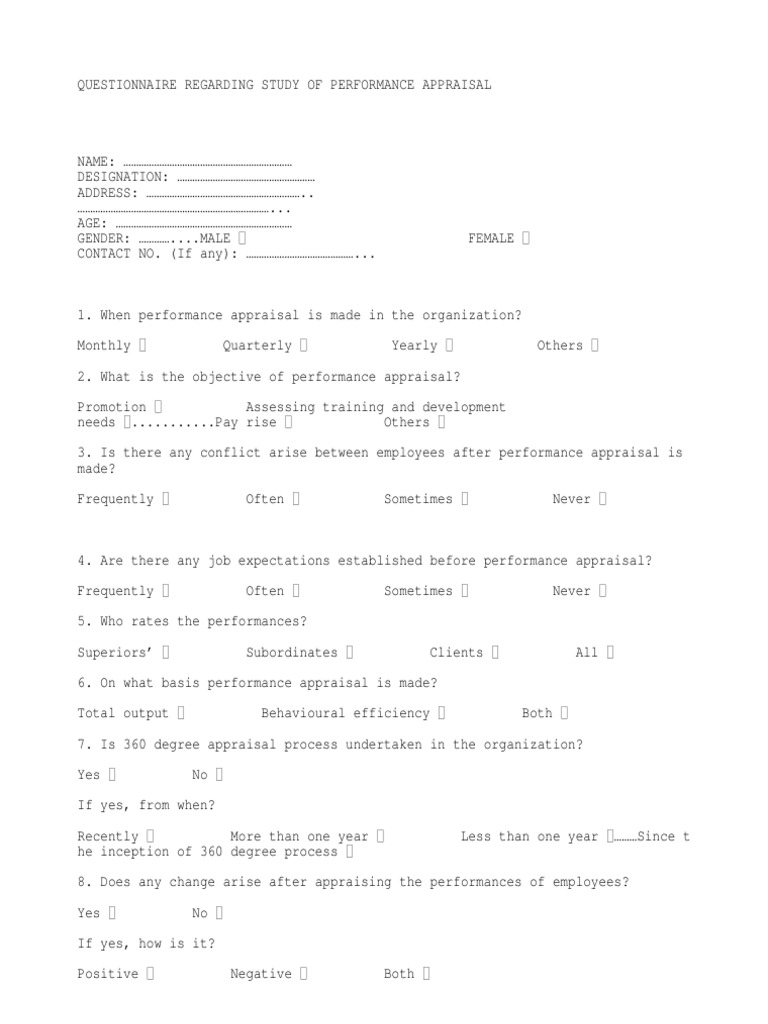 Questionnaire On Performance Appraisal | PDF | Performance Appraisal ...