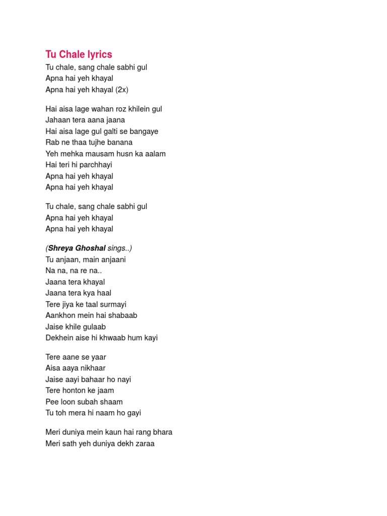 Tu Chale Lyrics | PDF