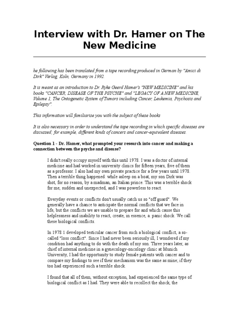 Interview To DR - Hamer On His Medecine | PDF | Tuberculosis | Leukemia