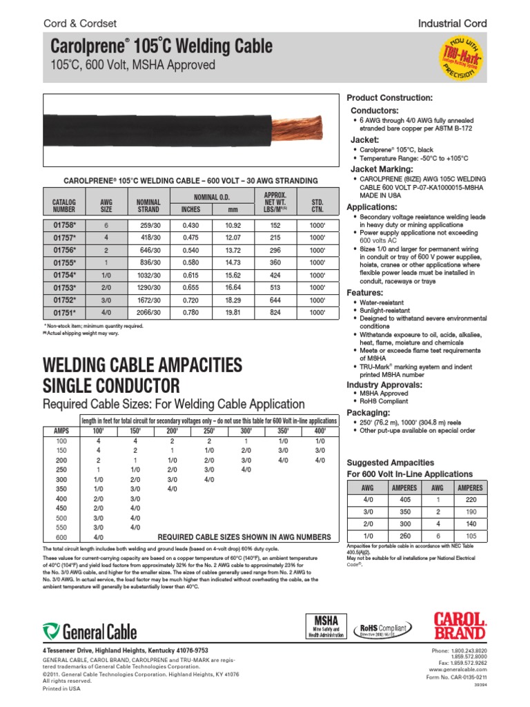 Carolprene 105 CWelding Cable Spec Sheet | PDF | Cable | Electrical ...