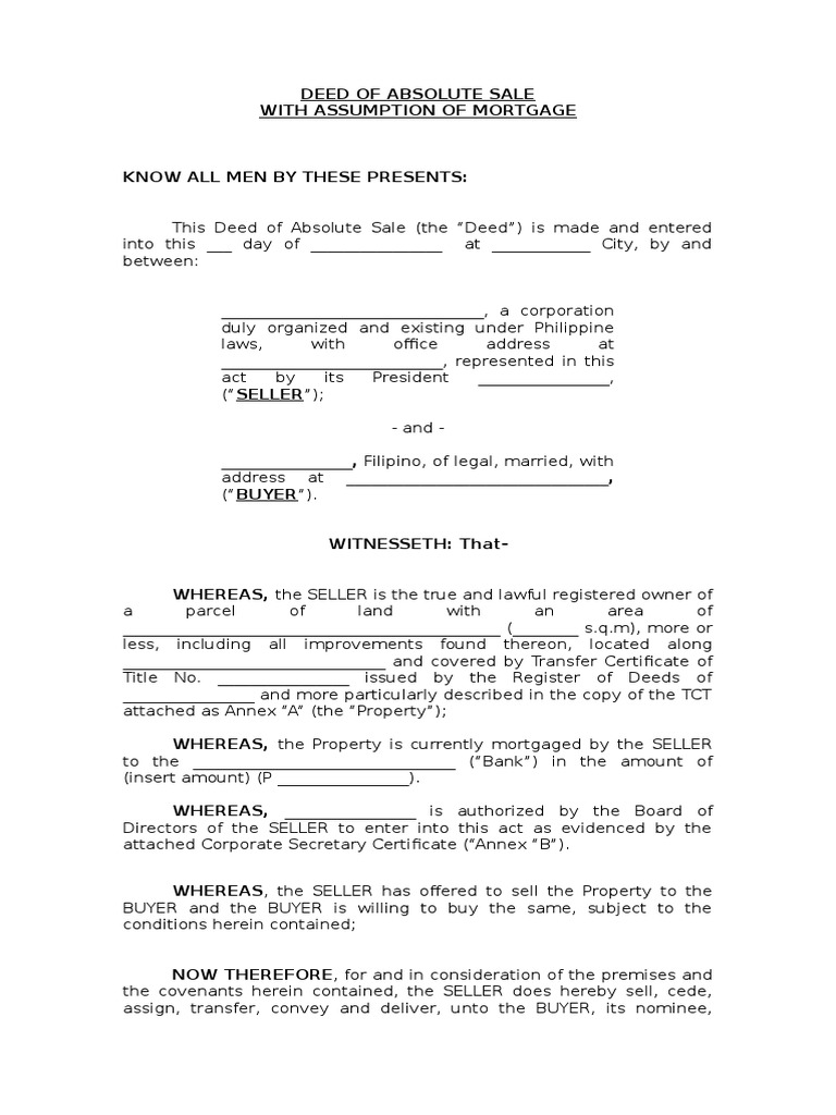 Deed of Absolute Sale With Assumption of Mortgage | Deed | Mortgage Loan