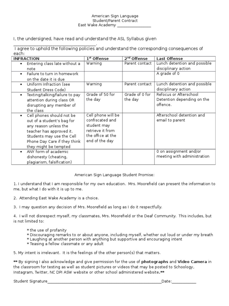 ASL Student/Parent Contract Guidelines | PDF | Self-Improvement