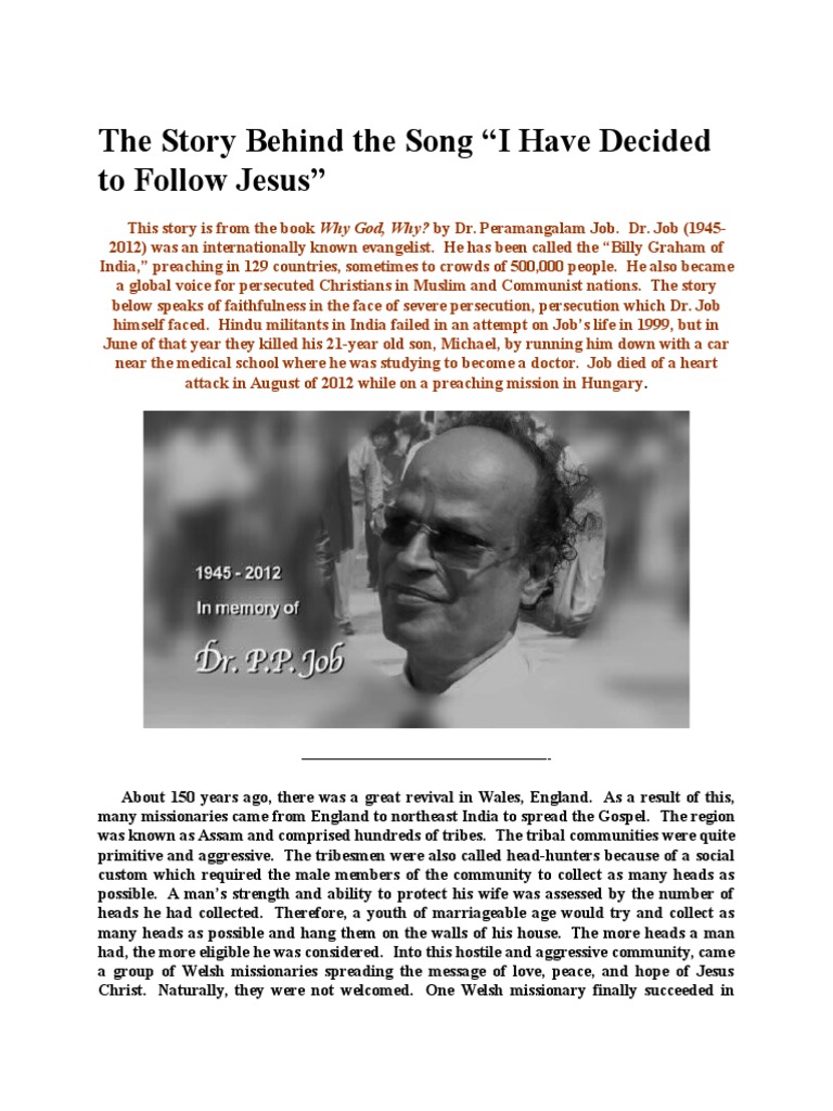 The Story Behind The Song "I Have Decided To Follow Jesus" | PDF ...