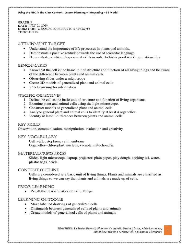 Lesson Plan On Cell Structure
