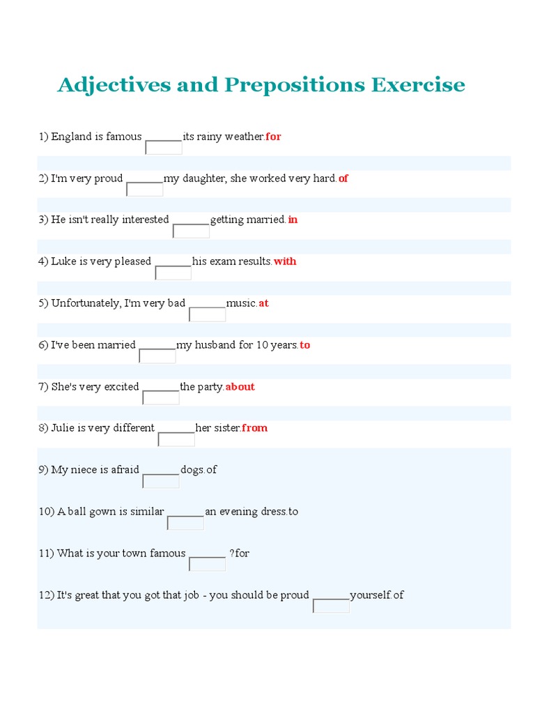 Adjective Verb And Place Prepositions Exercises Pdf