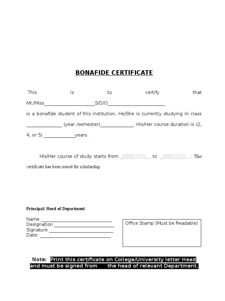 Bonafide Certificate (Specimen) | PDF