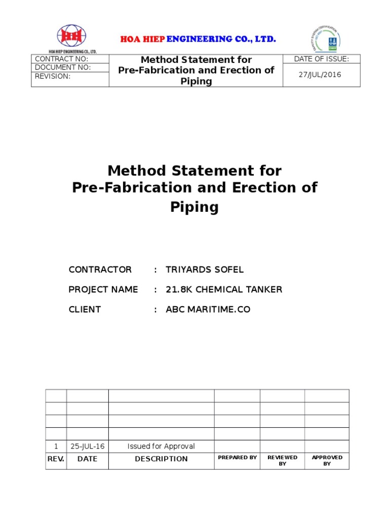 Method Statement For Pre-Fabrication and Erection of Piping | PDF ...