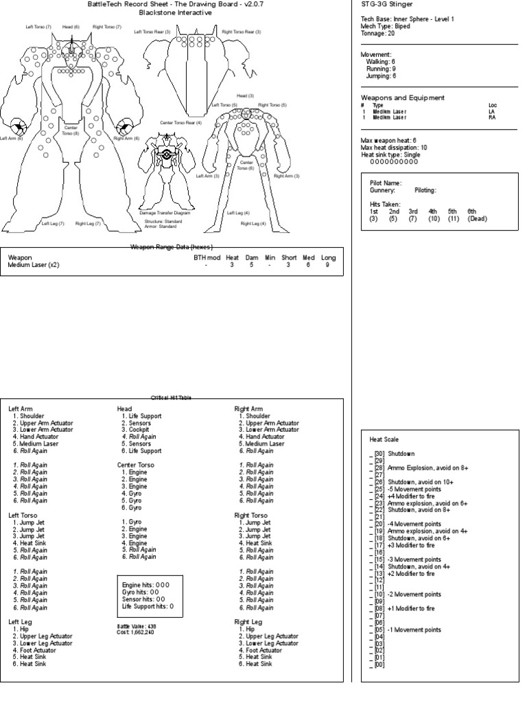 BattleTech Record Sheet - STG-3G Stinger (20 tons | PDF