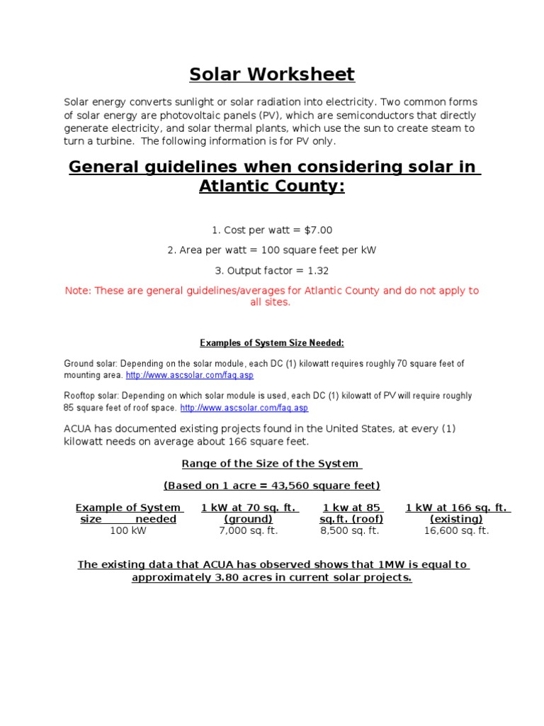 Solar Worksheet: General Guidelines When Considering Solar in Atlantic ...
