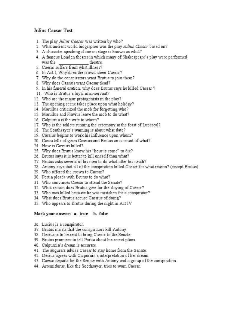 Julius Caesar Study Guide Test | PDF | Mark Antony | Ancient Romans