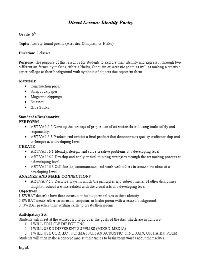 Identity Poetry Lesson for 6th Grade | PDF | Critical Thinking | Poetry