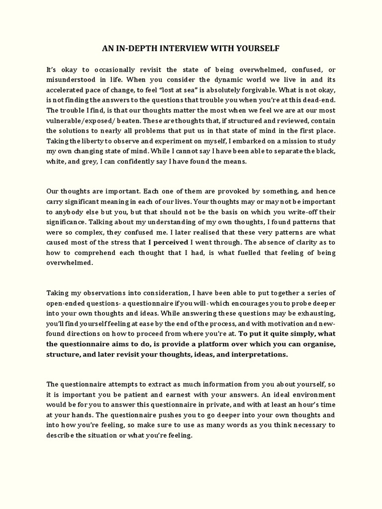 An In-Depth Interview With Yourself | PDF | Questionnaire | Psychology