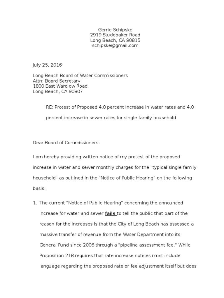 Water Rate Increase Protest Letter | PDF