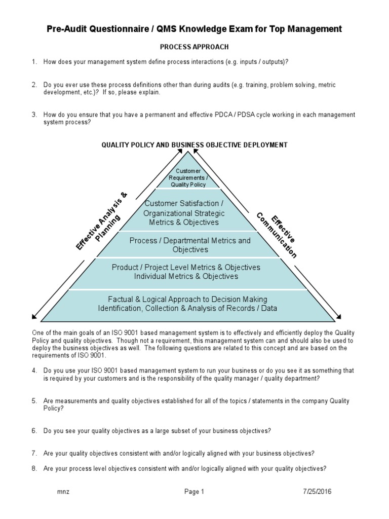 Pre-Audit Questionnaire For Management | PDF | Iso 9000 | Goal