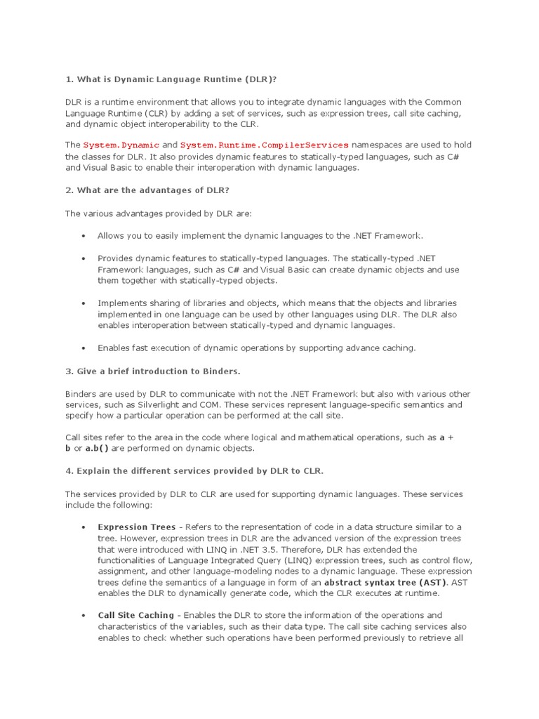 System - Dynamic: 1. What Is Dynamic Language Runtime (DLR) ? | Download Free PDF | Class ...