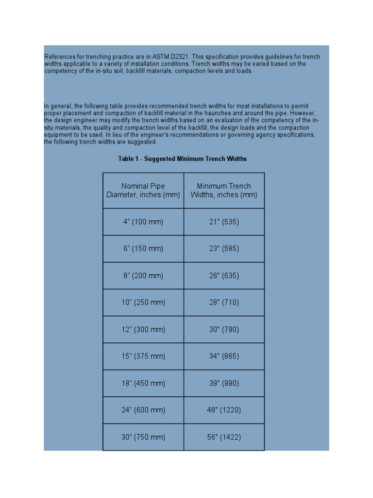 Table 1 - Suggested Minimum Trench Widths | PDF