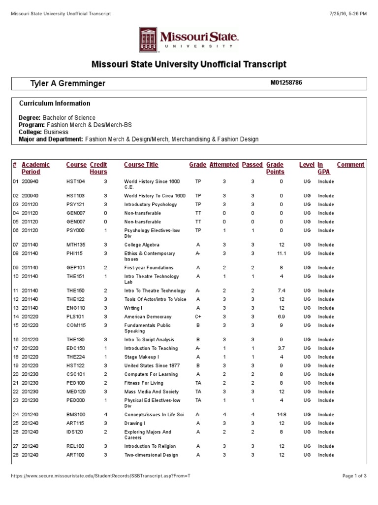 Missouri State University Unofficial Transcript | PDF | Academia ...