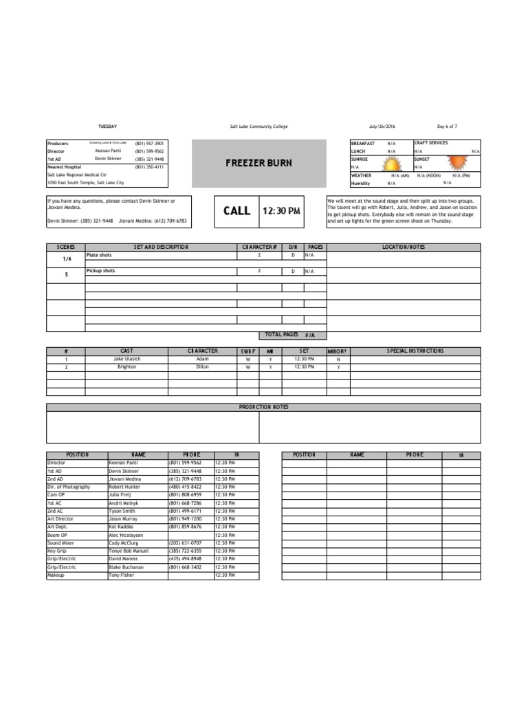 Call Sheet 7-26-2016 | PDF