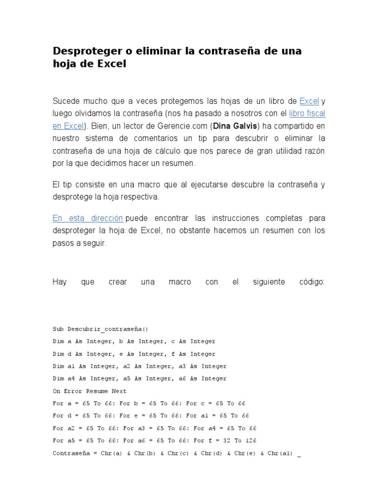 Desproteger o Eliminar La Contraseña de Una Hoja de Excel | PDF Desproteger o Eliminar La Contraseña de Una Hoja de Excel | PDF