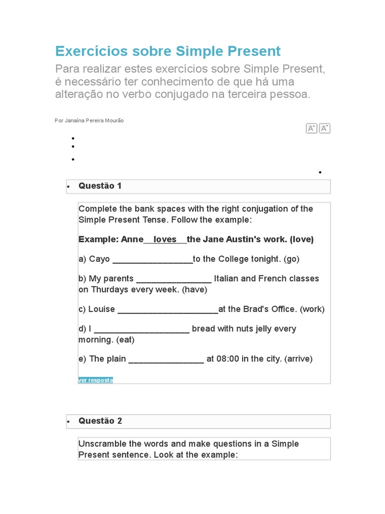 Exercícios Sobre Simple Present | PDF | Grammar | Onomastics