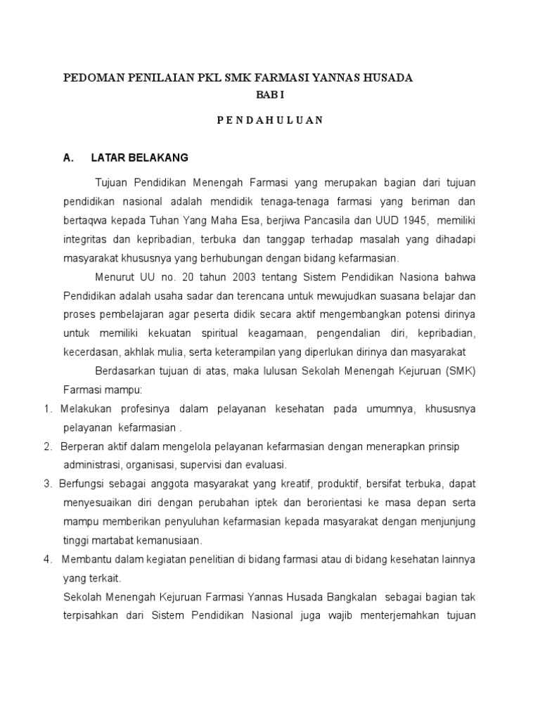 Pedoman Penilaian PKL SMK Farmasi Yannas Husada | PDF