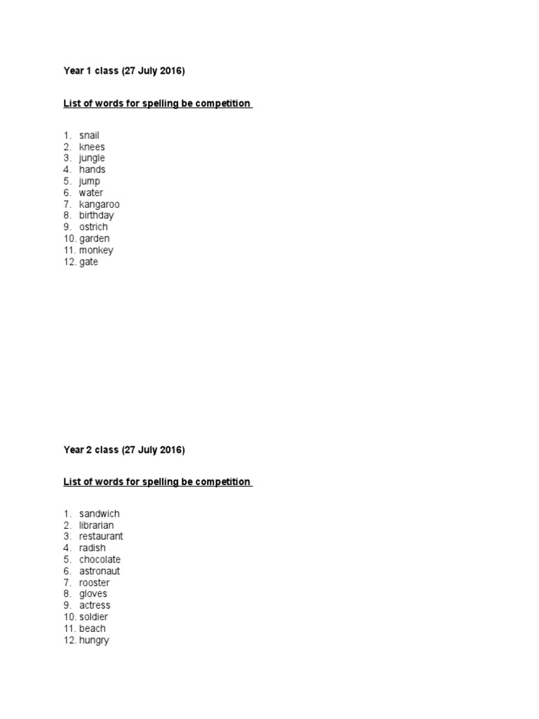 Year 1 Class (27 July 2016) List of Words For Spelling Be Competition ...