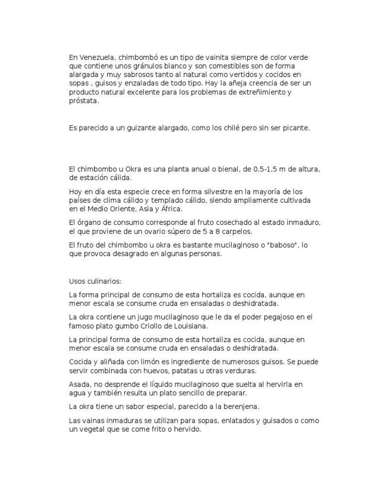 Chimbombó: Usos culinarios y medicinales | PDF
