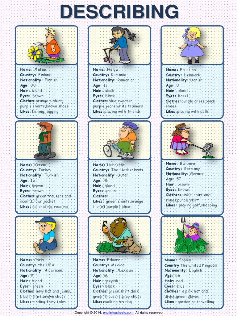 Describing People: Worksheets & Cards | PDF
