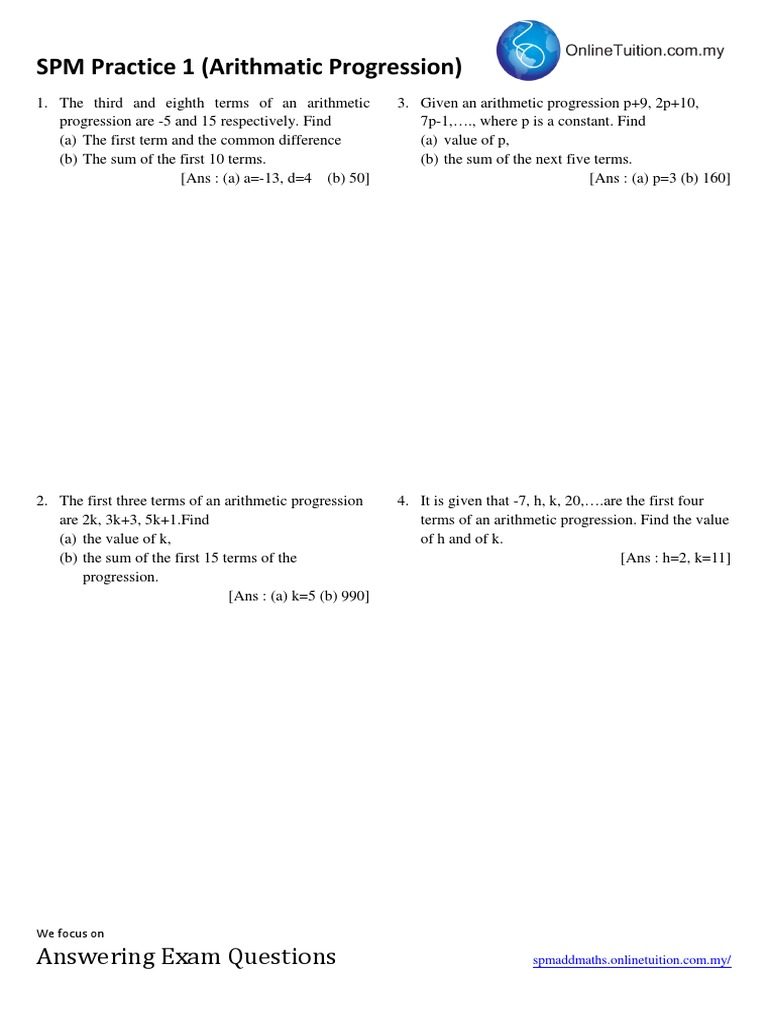 SPM Practice 1 (Arithmatic Progression) : Answering Exam Questions ...