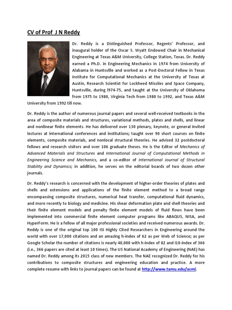 CV of Prof J N Reddy | PDF | University Of Texas At Austin | Engineering