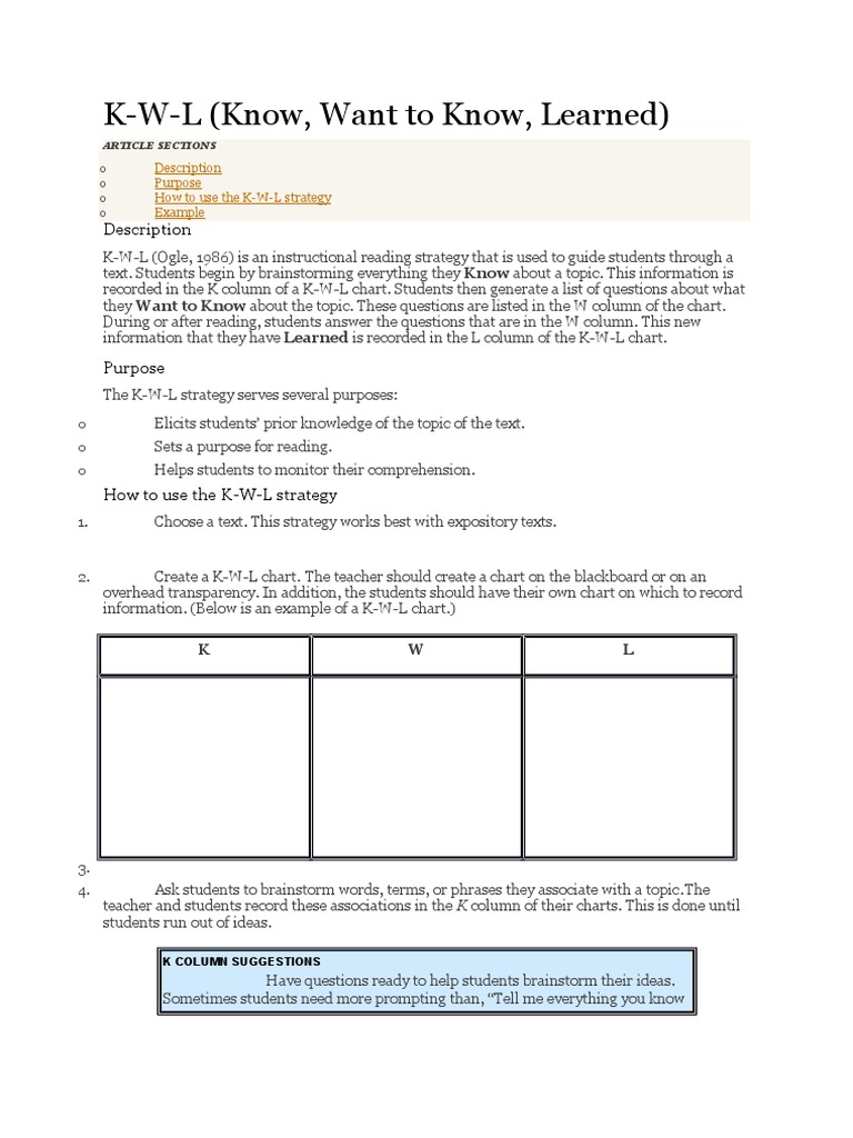 K-W-L Reading Strategy - Know Want Learned | PDF | Gravity | Epistemology