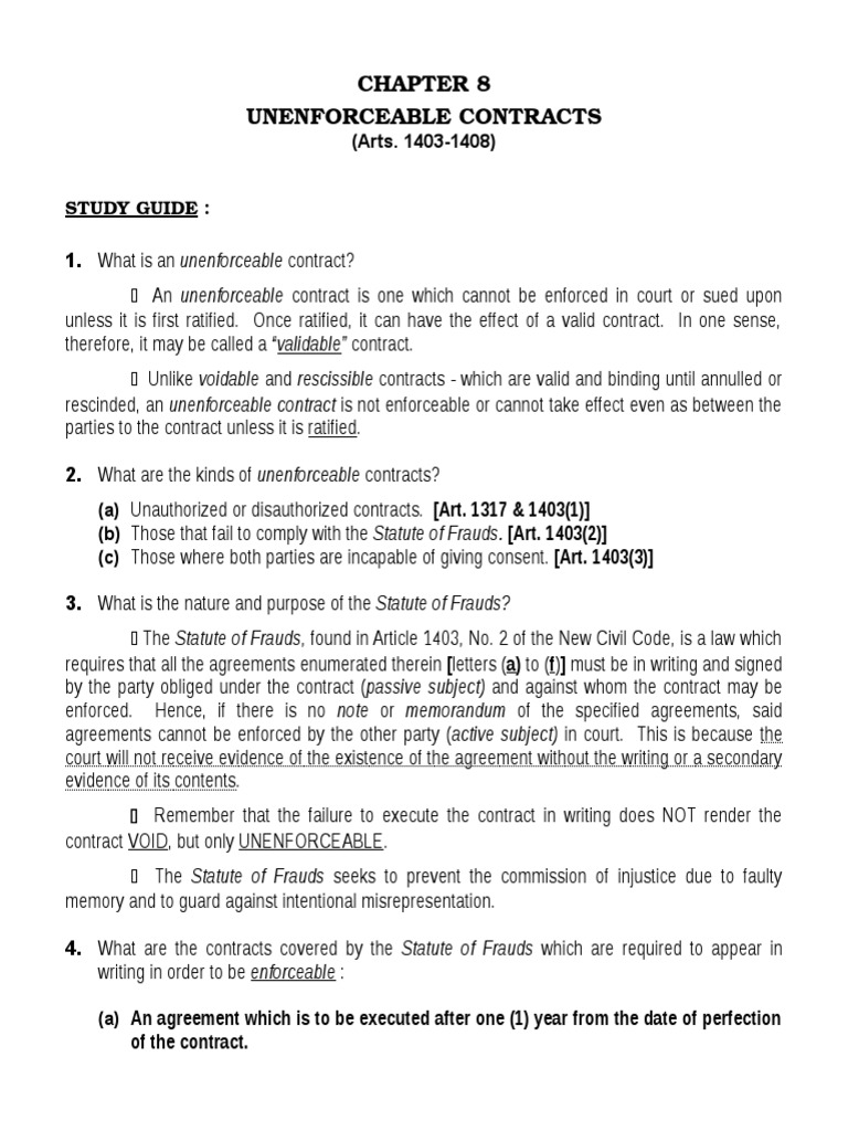 CHAPTER 8 (Unenforceable Contracts) | Lease | Legal Documents