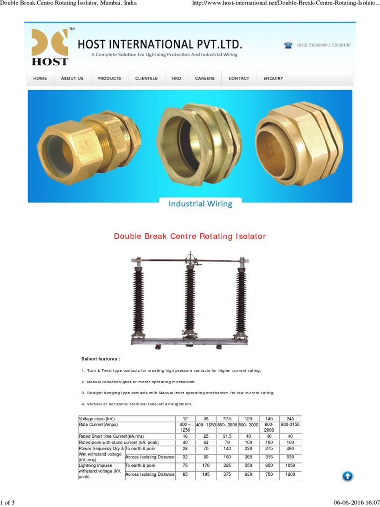 Double Break Centre Rotating Isolator, Mumbai, India | PDF | Electrical ...